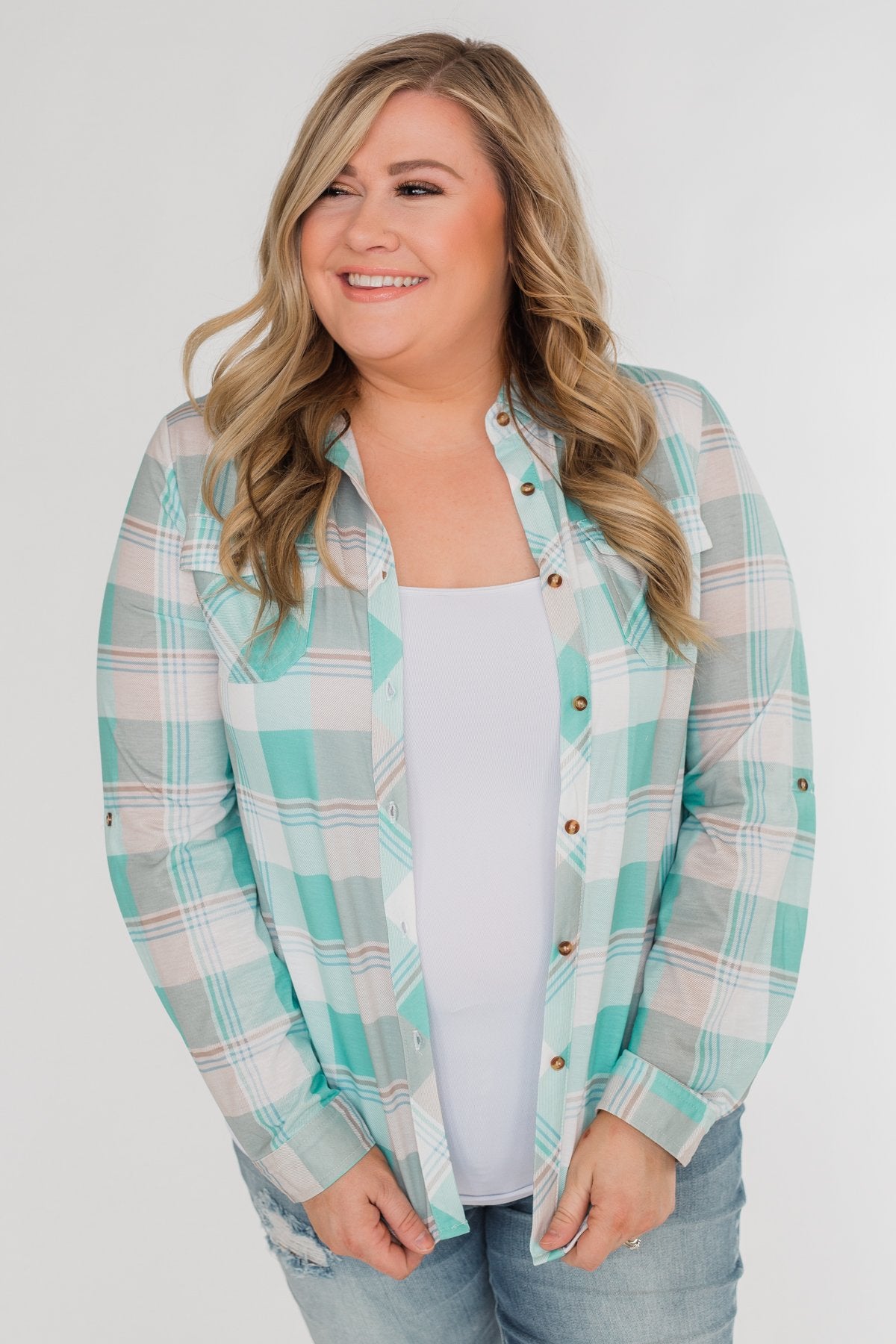 Signals to You Plaid Button-Up Top- Tiffany Blue – The Pulse Boutique