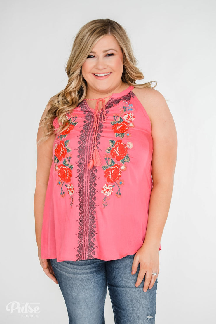 Embroidered Floral Halter Tank Top- Pink – The Pulse Boutique
