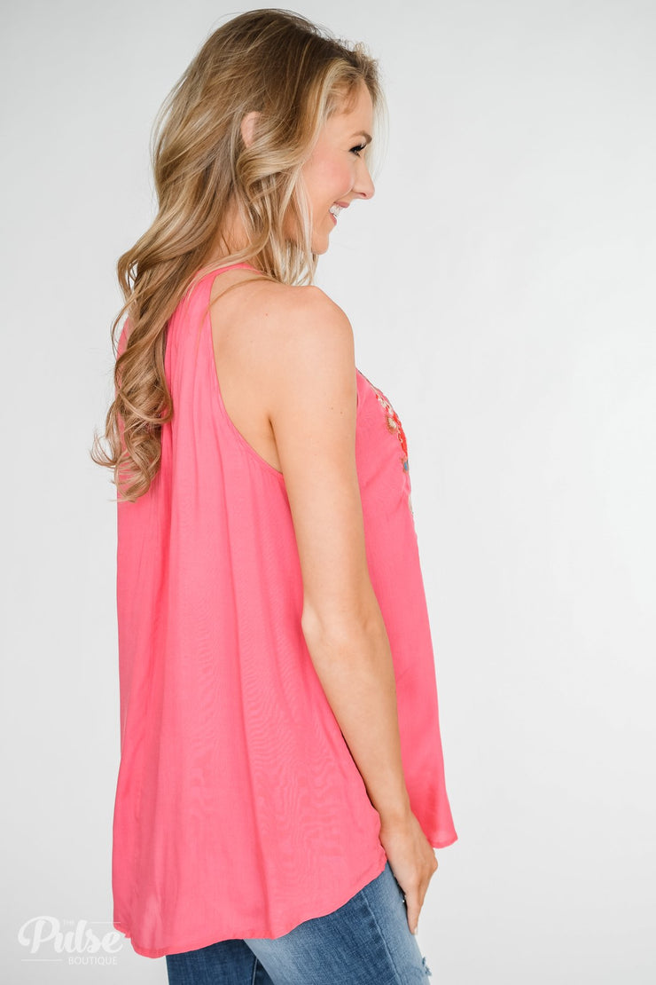 Embroidered Floral Halter Tank Top- Pink – The Pulse Boutique