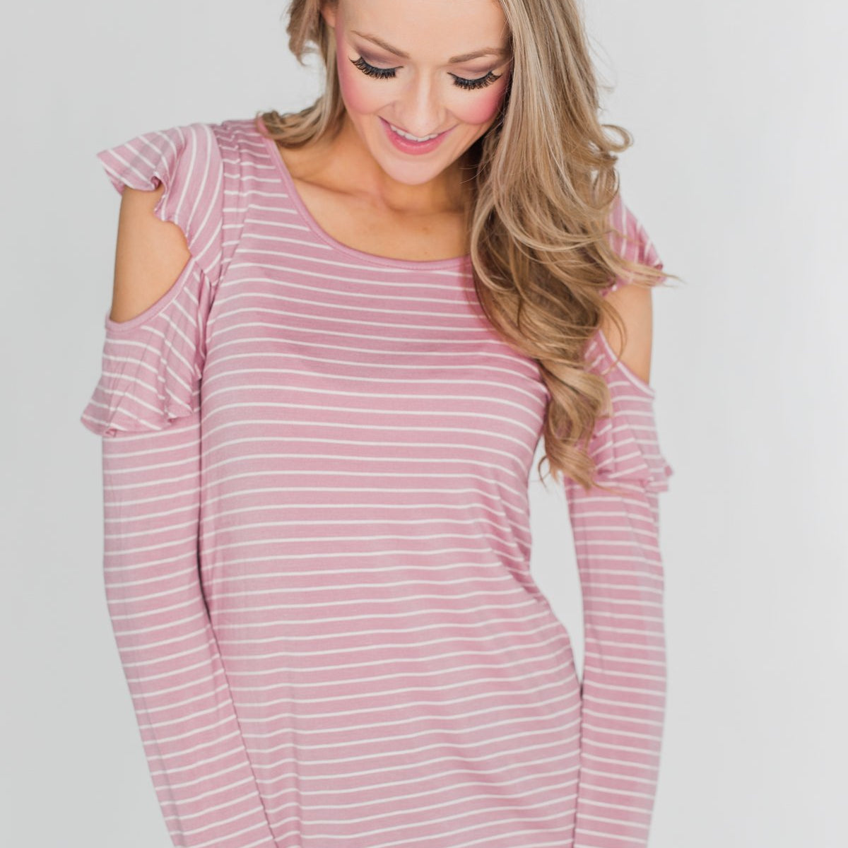 Striped Cold Shoulder Ruffle Top- Dusty Pink – The Pulse Boutique
