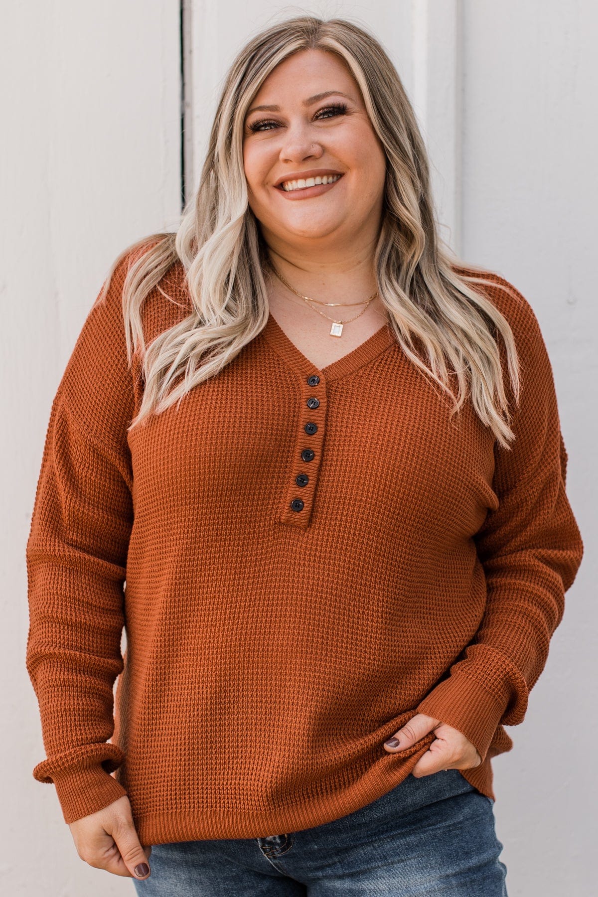 Enticing Looks Button Sweater- Rust – The Pulse Boutique