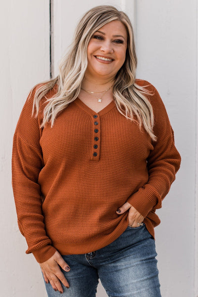 Enticing Looks Button Sweater- Rust – The Pulse Boutique