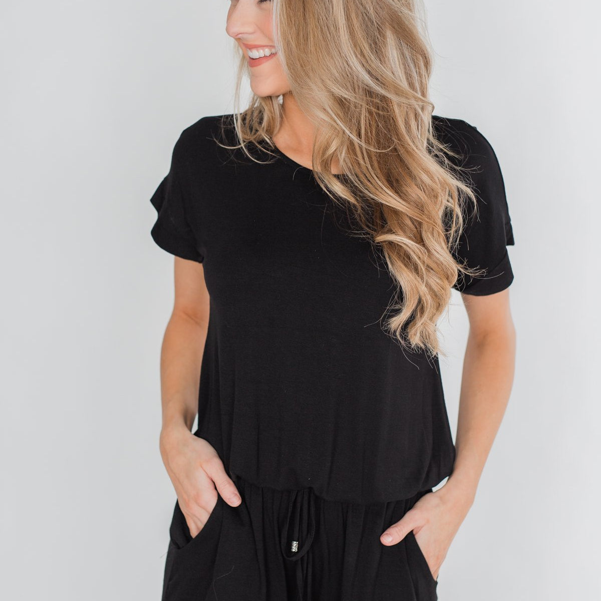 Short Sleeve Drawstring Romper- Black – The Pulse Boutique