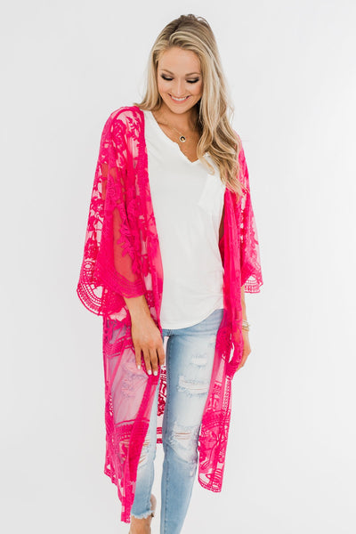 Long Sheer Floral Lace Kimono- Hot Pink – The Pulse Boutique