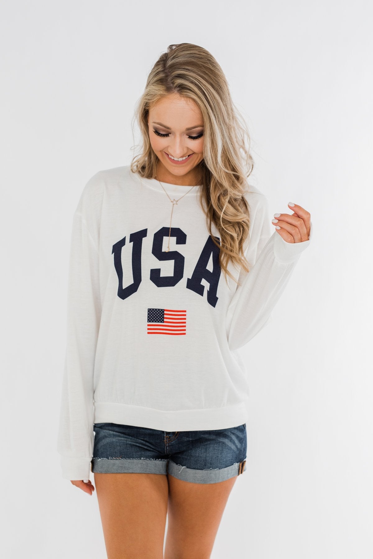 "USA" American Flag Graphic Pullover Top- Ivory – The Pulse Boutique
