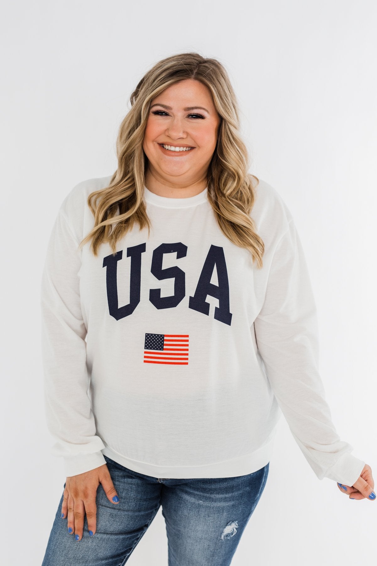 "USA" American Flag Graphic Pullover Top- Ivory – The Pulse Boutique