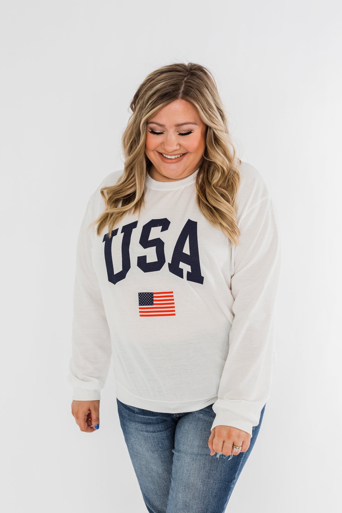 "USA" American Flag Graphic Pullover Top- Ivory – The Pulse Boutique