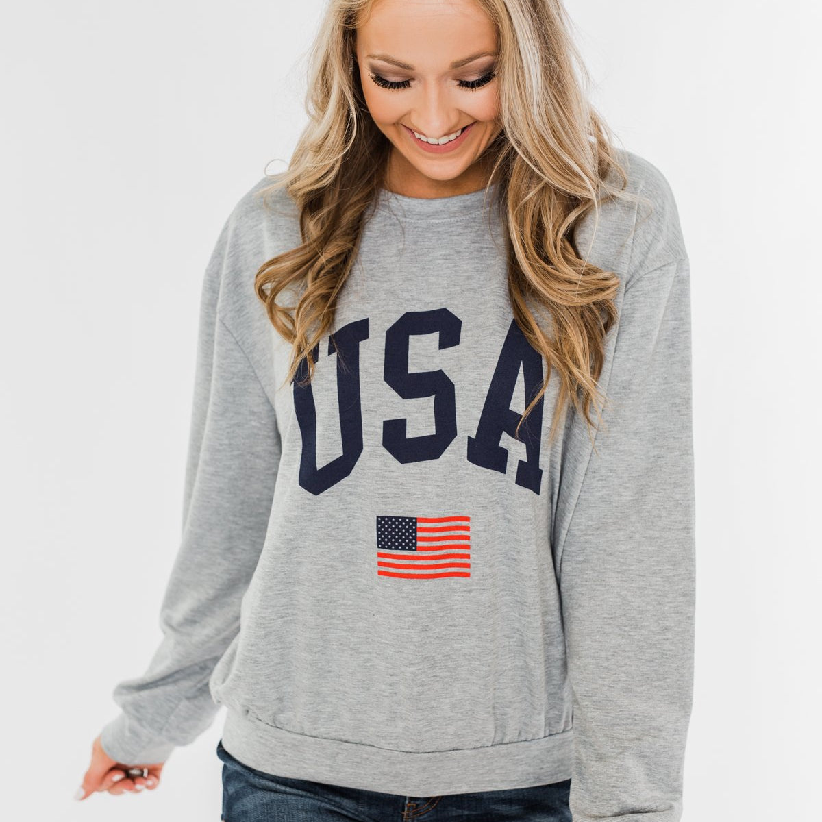 "USA" American Flag Graphic Pullover Top- Grey – The Pulse Boutique