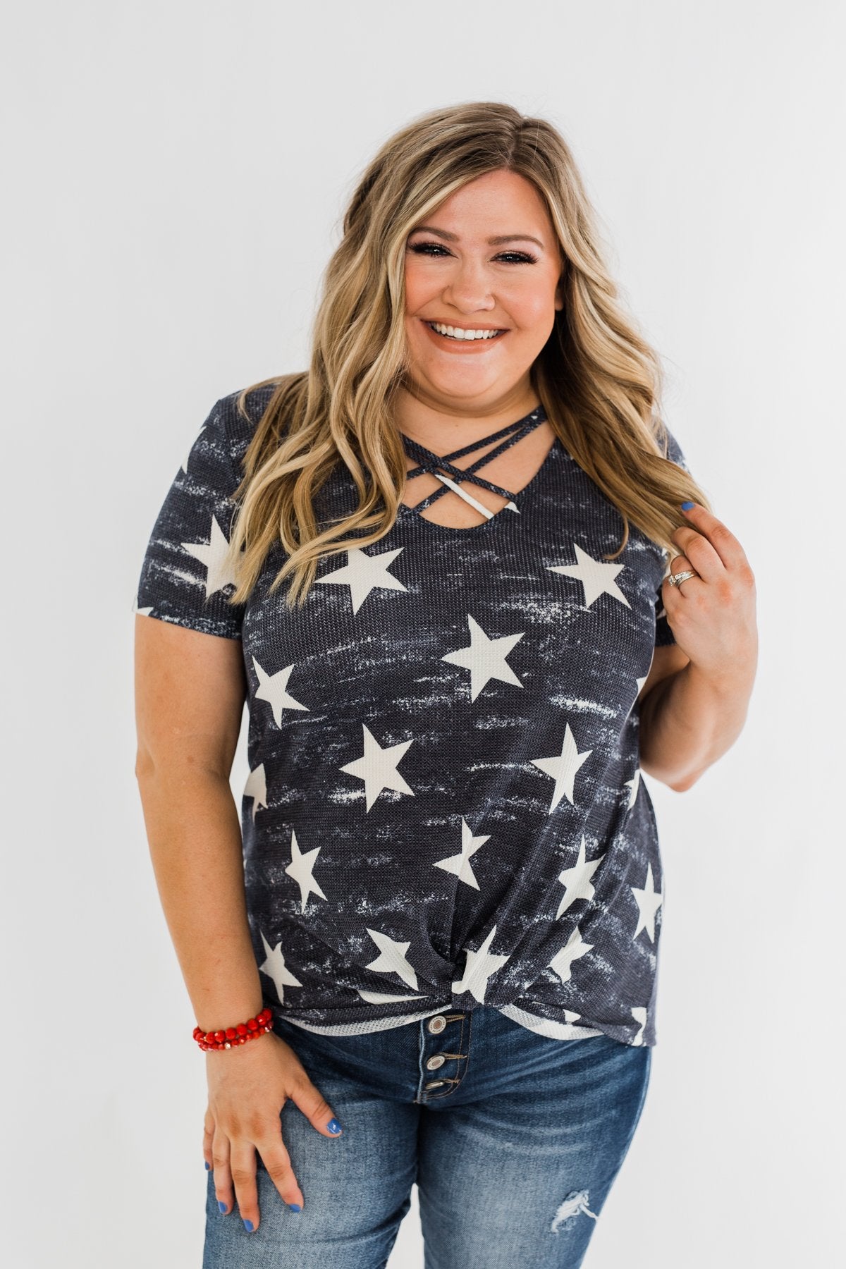 Share The Spirit Criss Cross Star Top- Navy – The Pulse Boutique