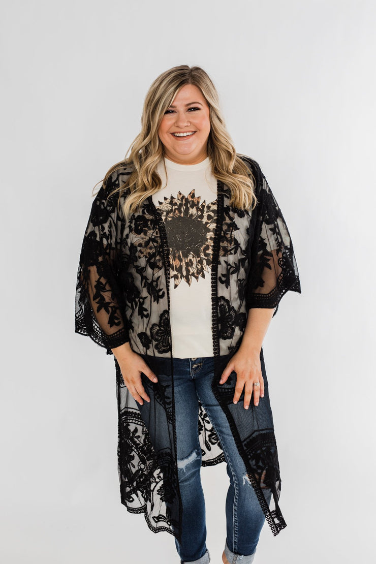 Long Sheer Floral Lace Kimono- Black – The Pulse Boutique