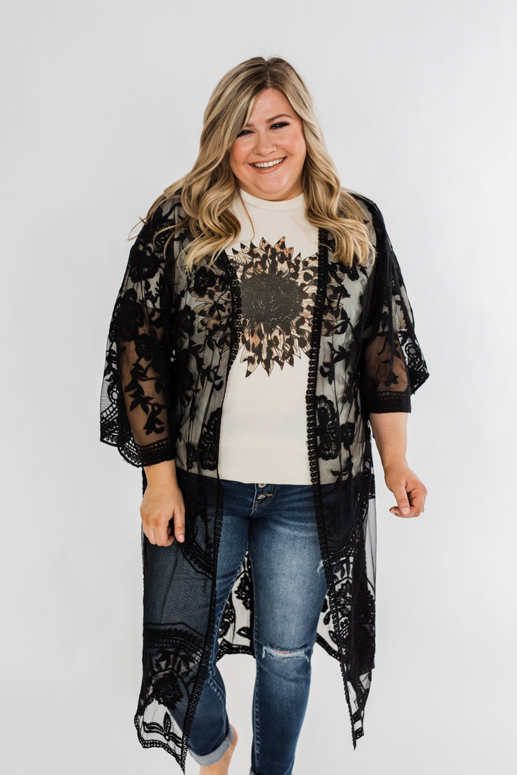 Long Sheer Floral Lace Kimono- Black – The Pulse Boutique
