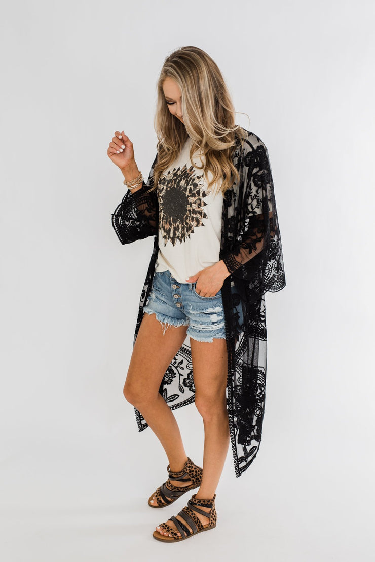 Long Sheer Floral Lace Kimono- Black – The Pulse Boutique
