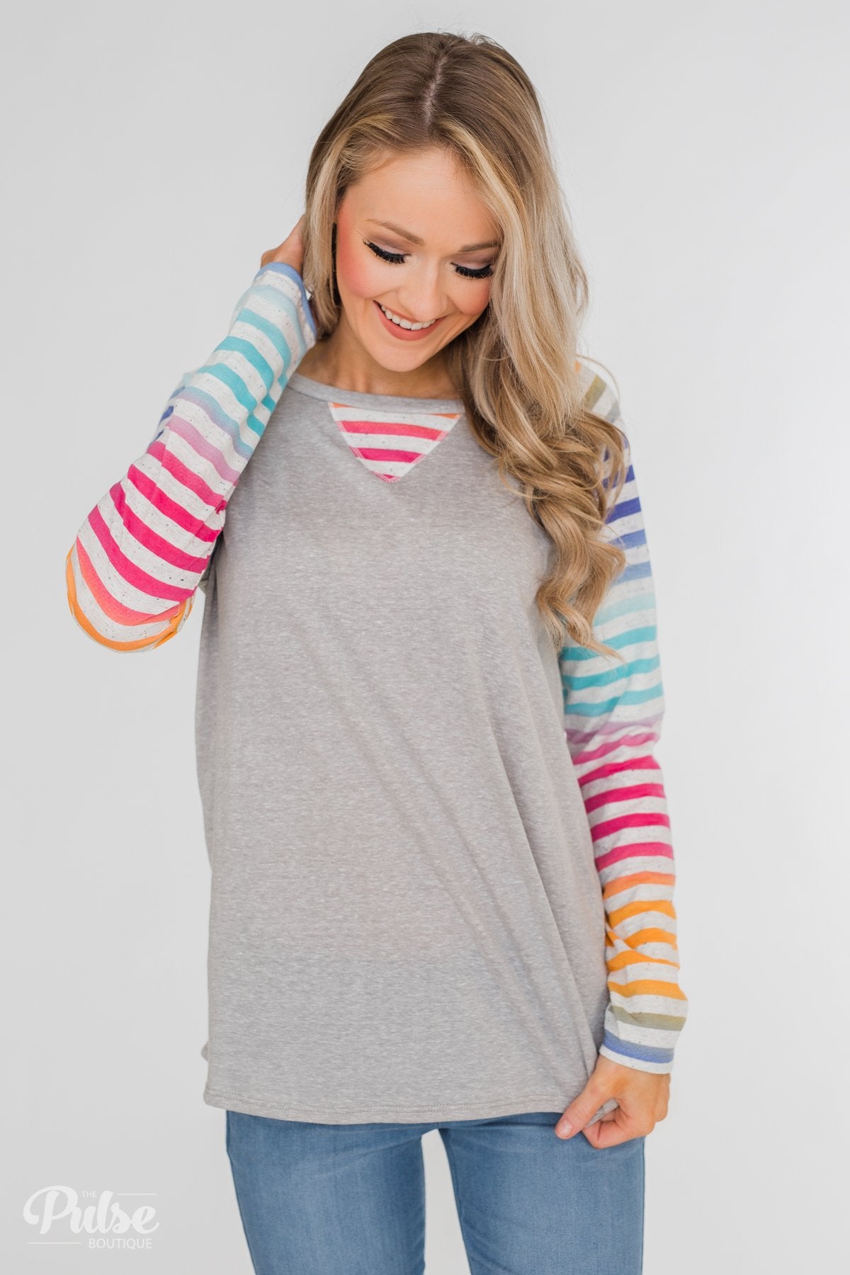 Multi-Colored Striped Sleeve Raglan Top- Grey – The Pulse Boutique
