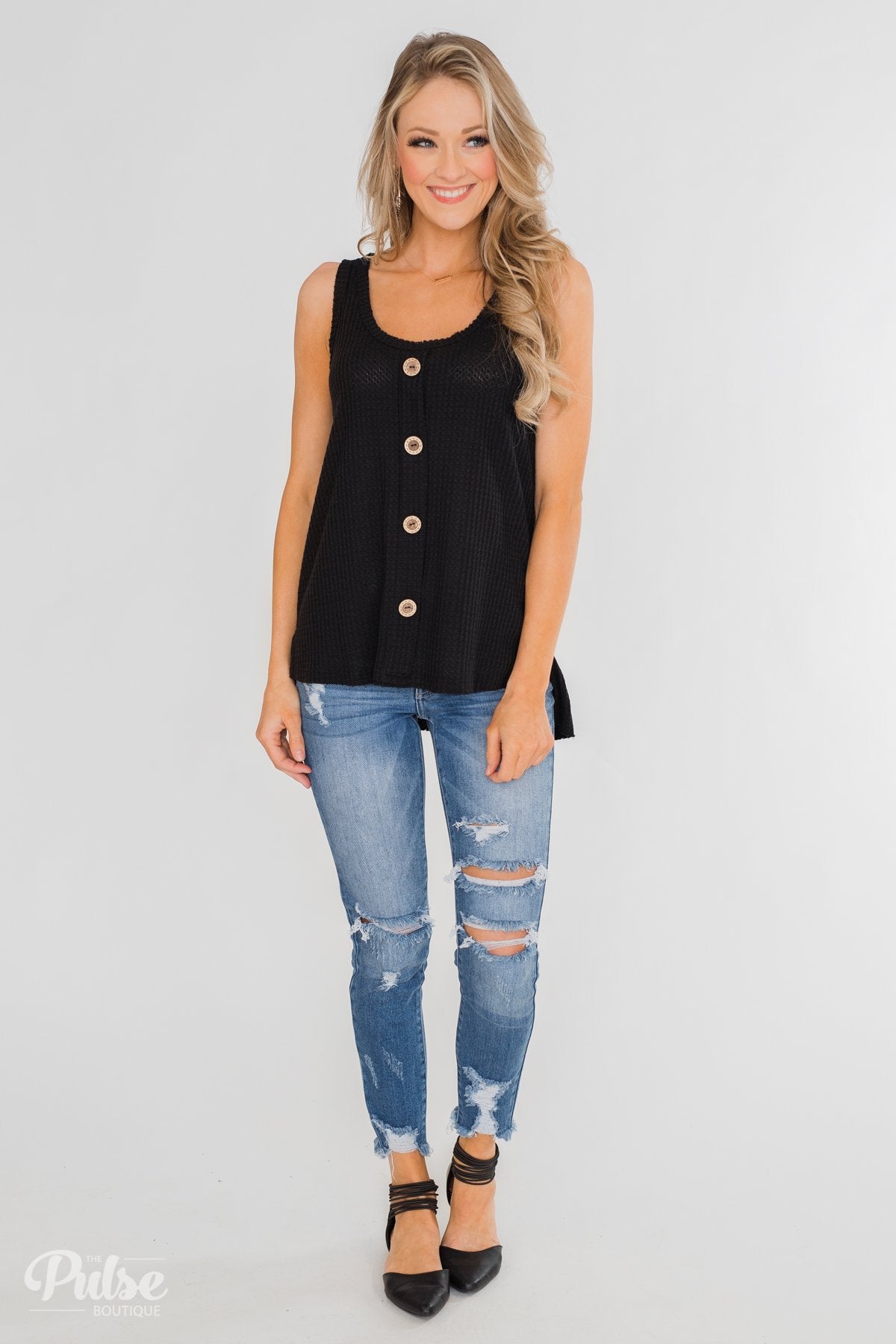 Thermal Button Tank Top- Black – The Pulse Boutique