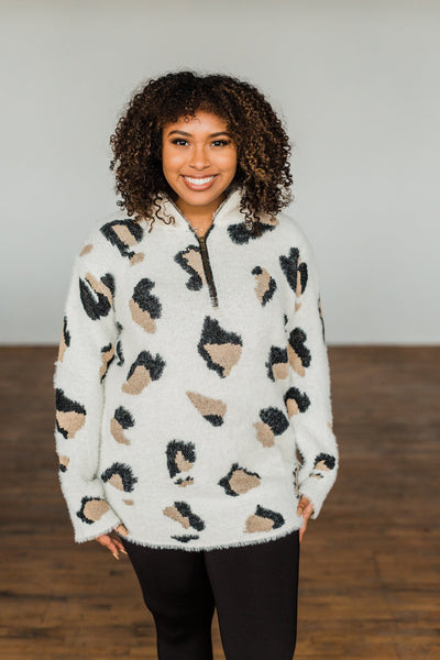 Wild One Animal Print Quarter Zip Pullover- Ivory, Black, Taupe – The ...