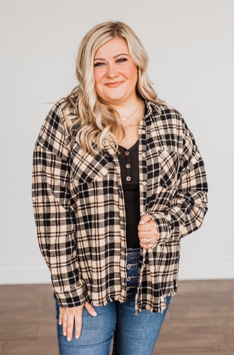 Staying In Love Frayed Flannel- Black & Beige – The Pulse Boutique
