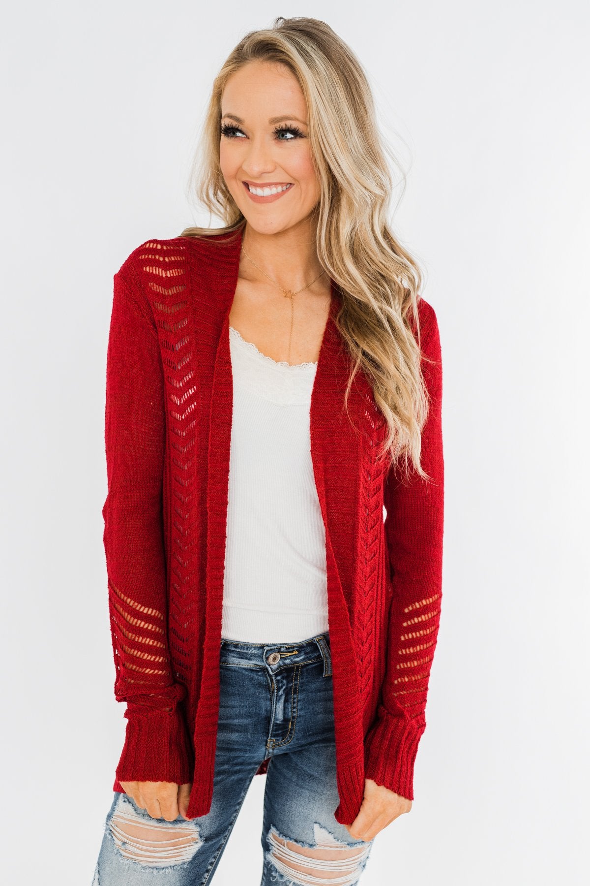 Open Front Pointelle Cardigan- Holiday Red – The Pulse Boutique
