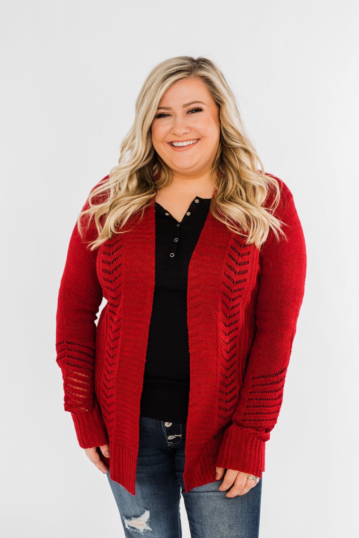 Open Front Pointelle Cardigan- Holiday Red – The Pulse Boutique