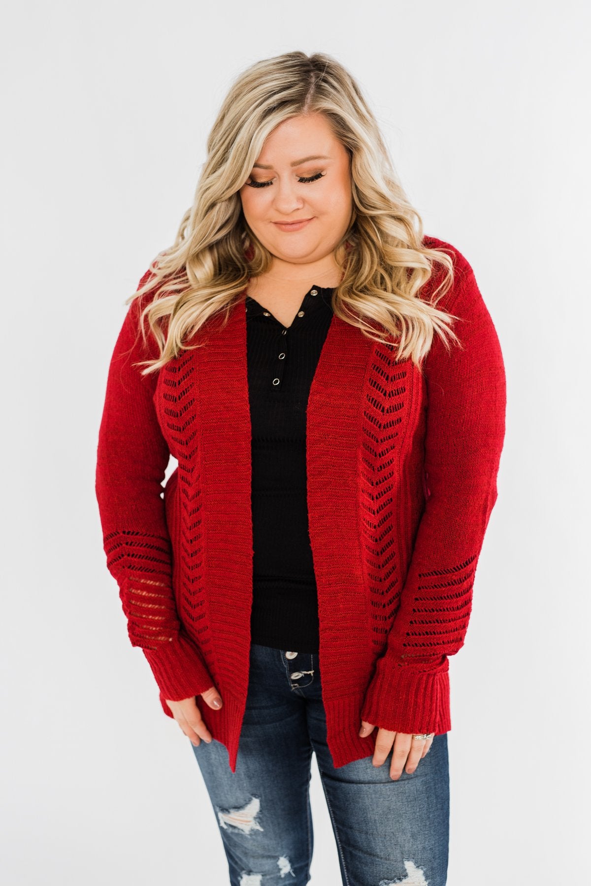 Open Front Pointelle Cardigan- Holiday Red – The Pulse Boutique