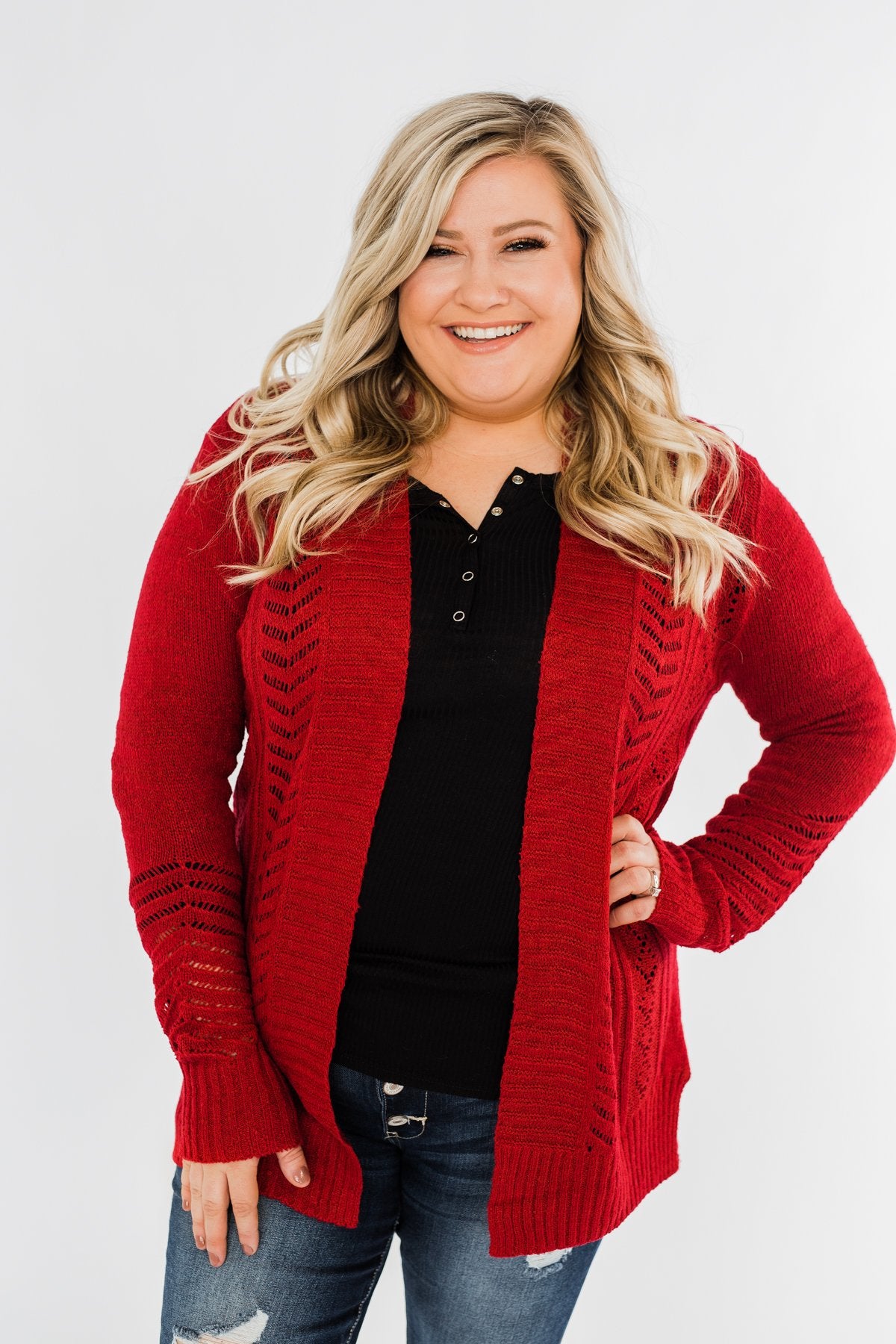 Open Front Pointelle Cardigan- Holiday Red – The Pulse Boutique