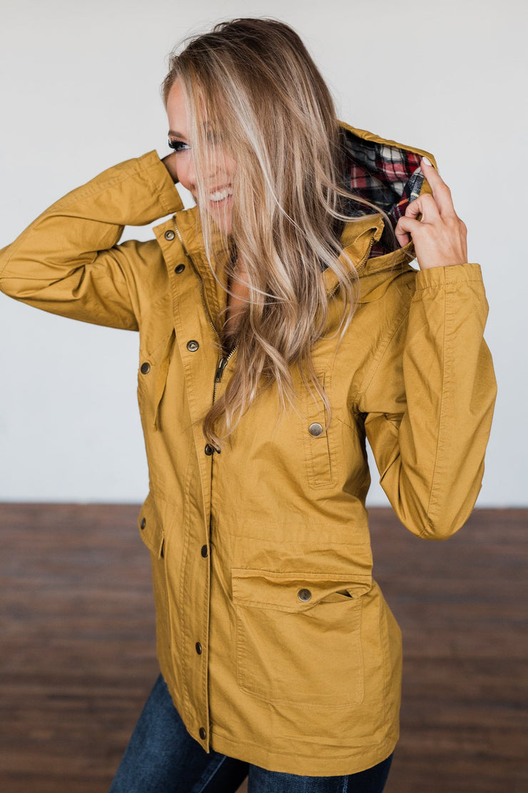 Flannel Lined Hood Utility Jacket- Mustard – The Pulse Boutique