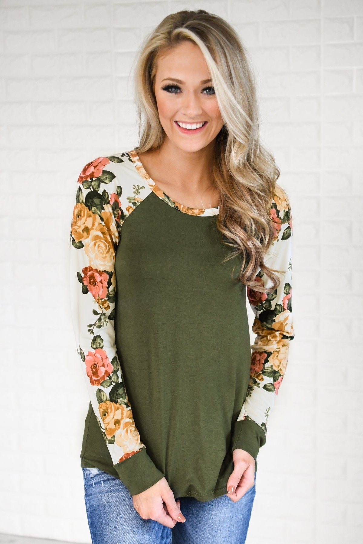 The One for Me Floral Sleeve Olive Top – The Pulse Boutique