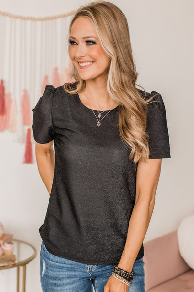 Own The Evening Short Sleeve Shimmer Top- Black – The Pulse Boutique