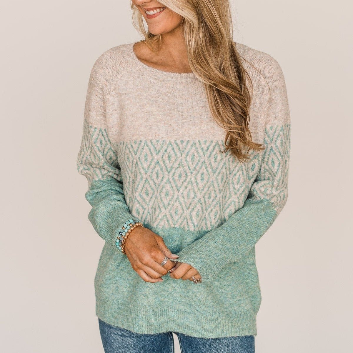 Warmest Greetings Color Block Sweater- Oatmeal & Mint Blue – The Pulse ...