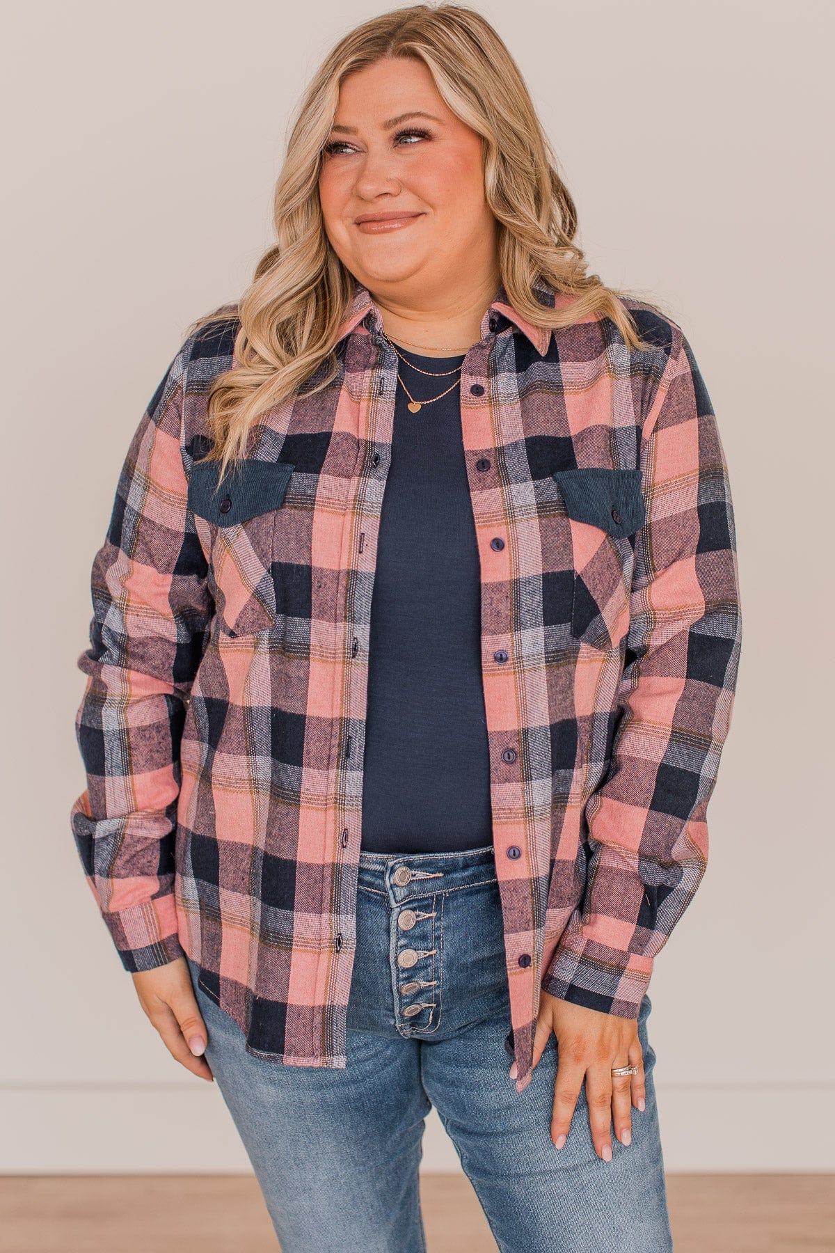 Strike A Conversation Plaid Button Top- Pink & Navy – The Pulse Boutique