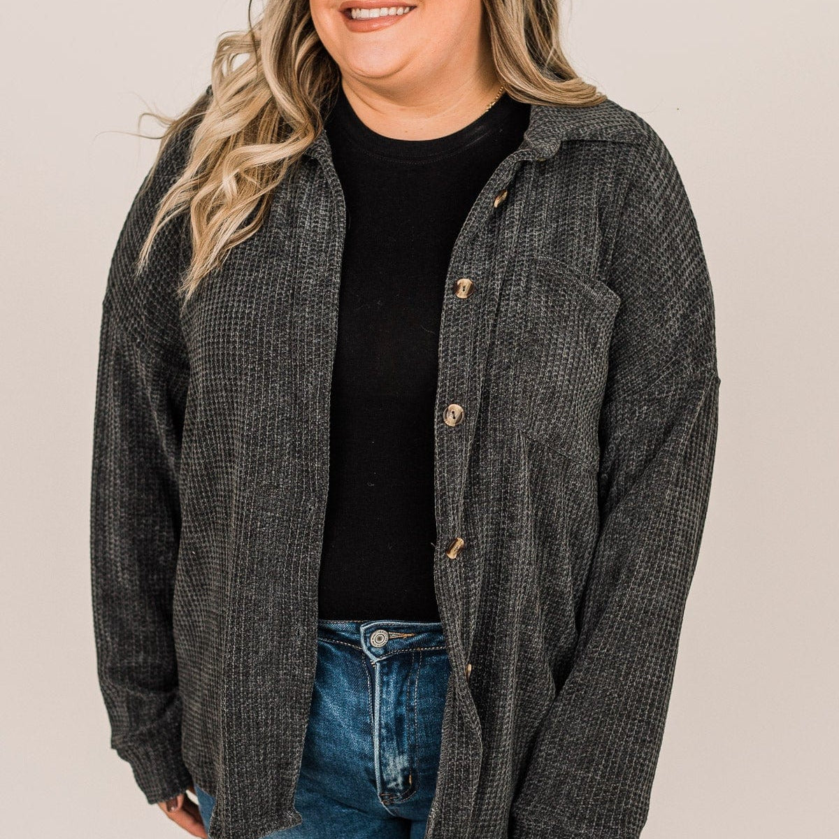 One Step Ahead Knit Button Top- Charcoal – The Pulse Boutique