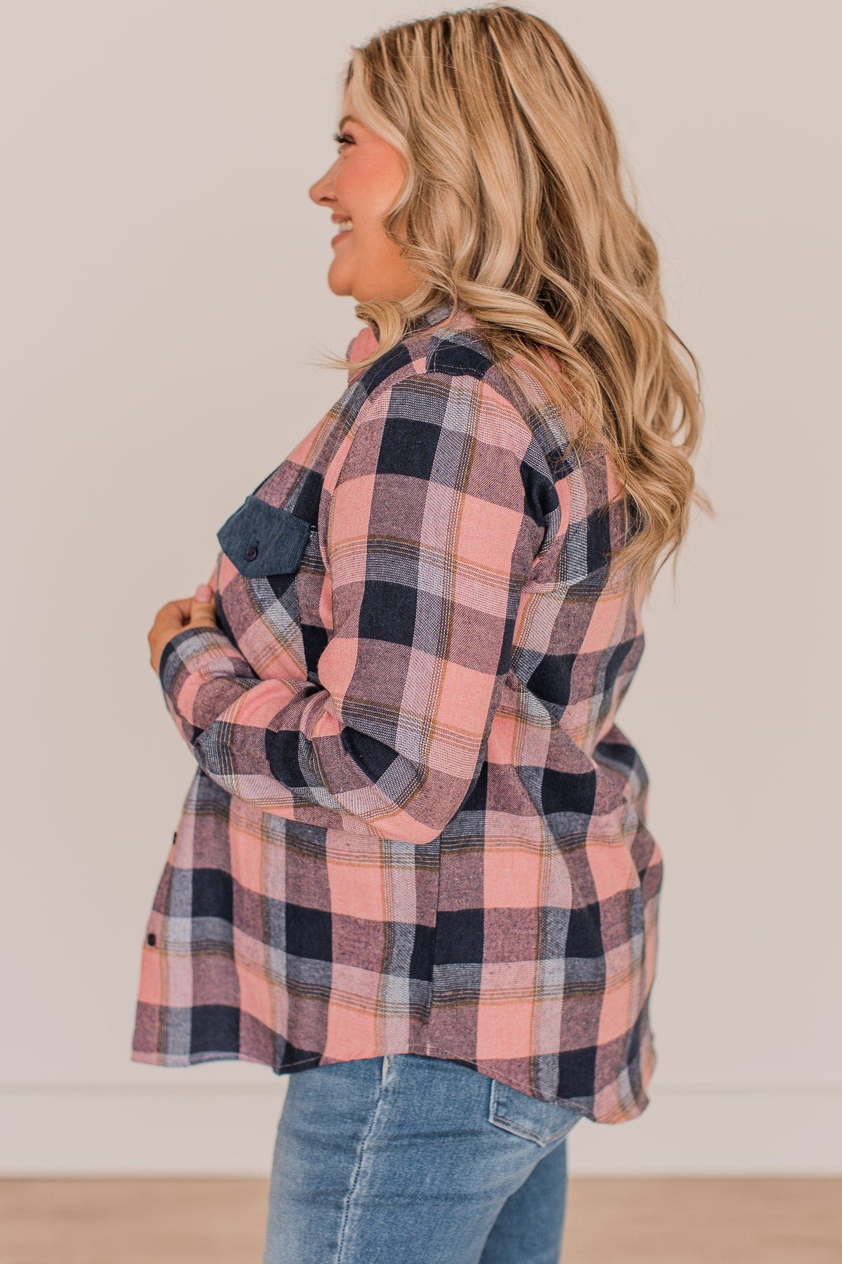 Strike A Conversation Plaid Button Top- Pink & Navy – The Pulse Boutique