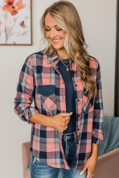 Strike A Conversation Plaid Button Top- Pink & Navy – The Pulse Boutique