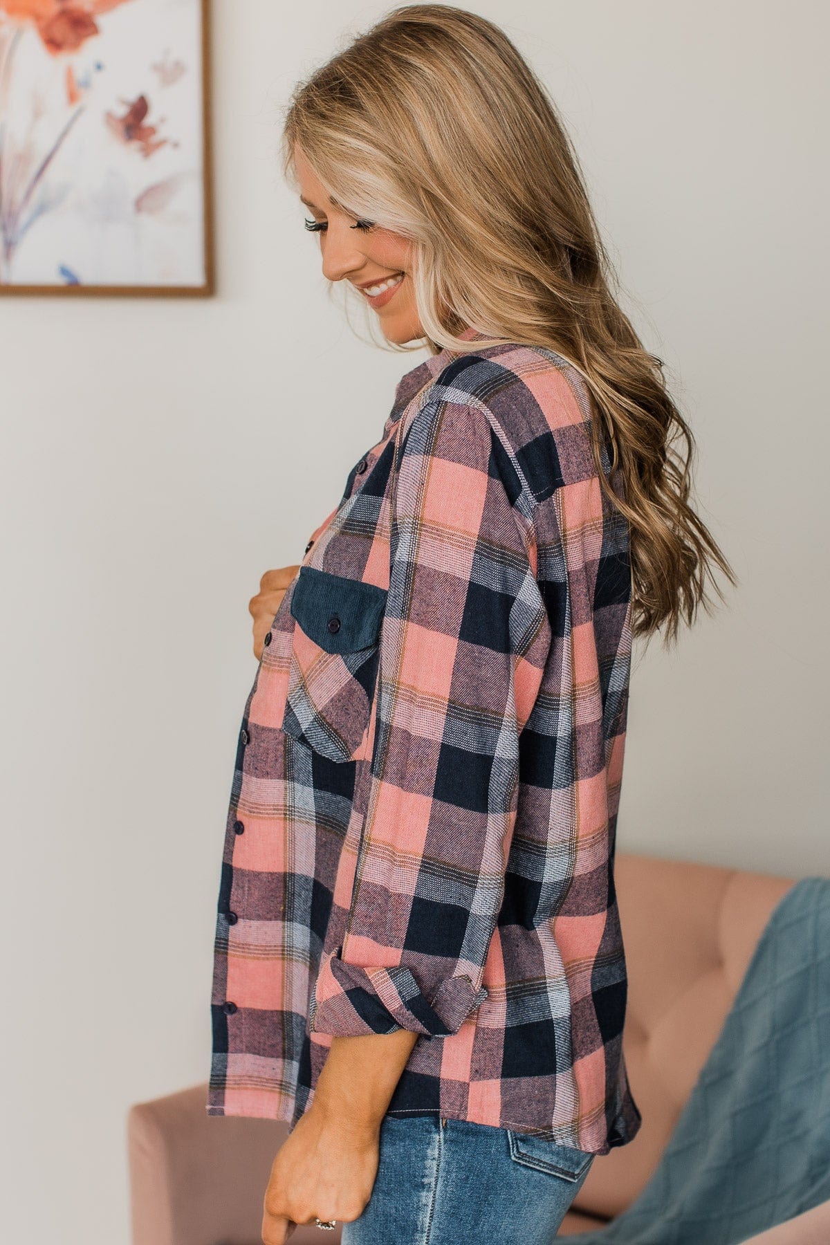 Strike A Conversation Plaid Button Top- Pink & Navy – The Pulse Boutique