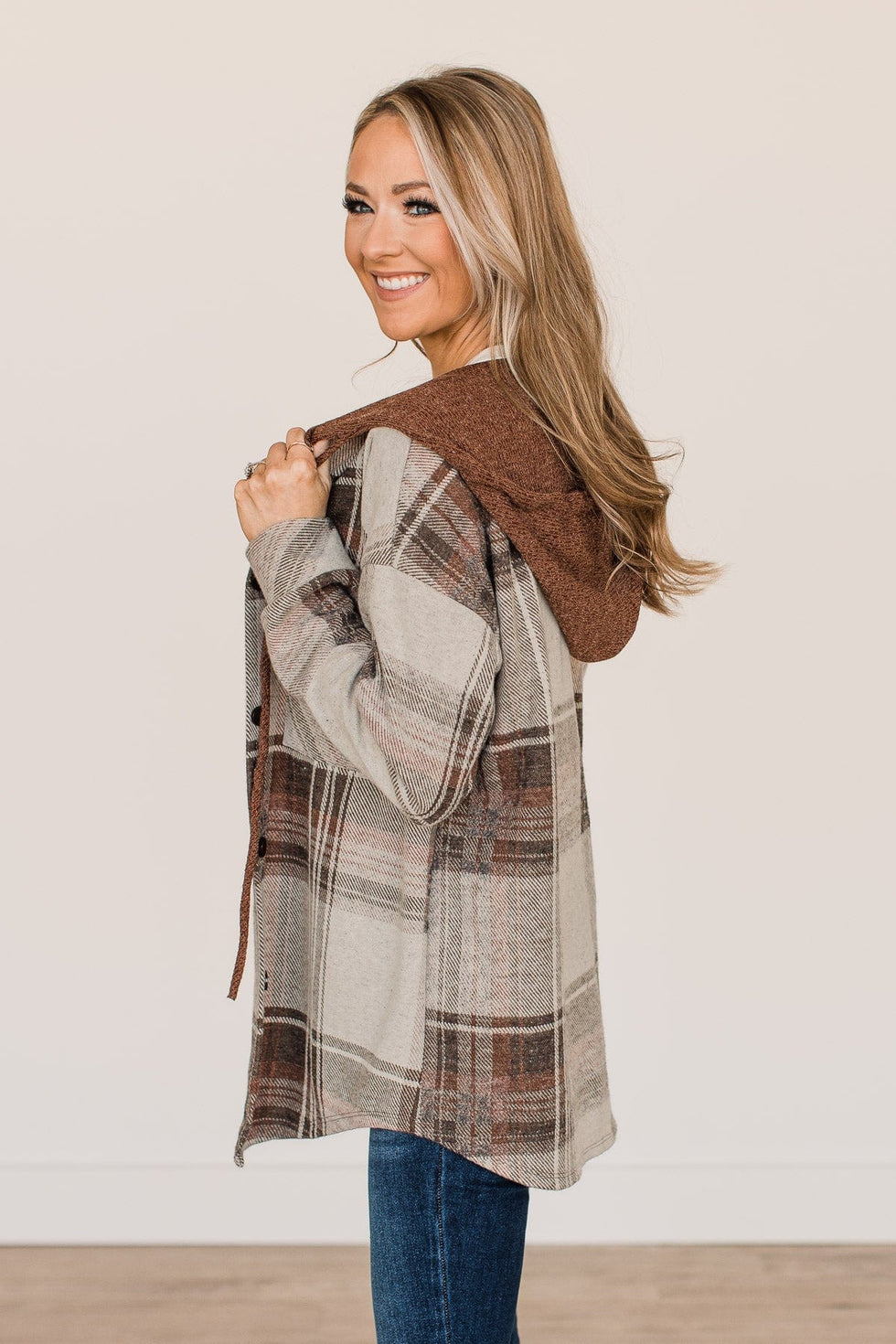 Sitting Fireside Hooded Button Top- Brown – The Pulse Boutique