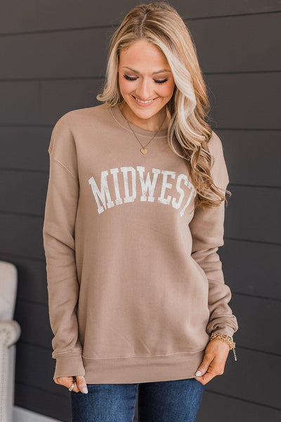 "Midwest" Graphic Crew Neck Pullover- Taupe – The Pulse Boutique