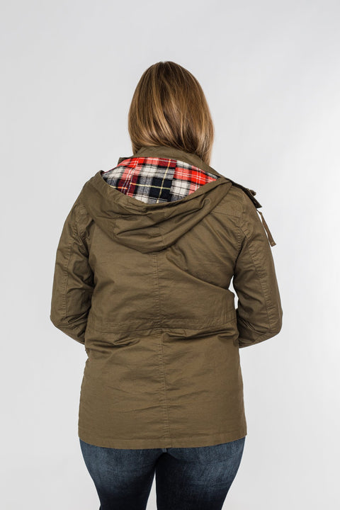 Flannel Lined Hood Utility Jacket- Olive – The Pulse Boutique