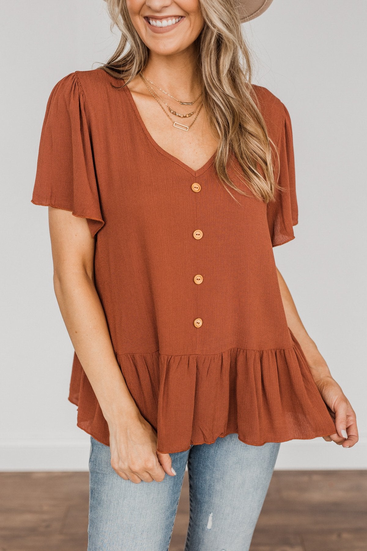 Flawless Fall Flair V-Neck Ruffle Top- Rust – The Pulse Boutique