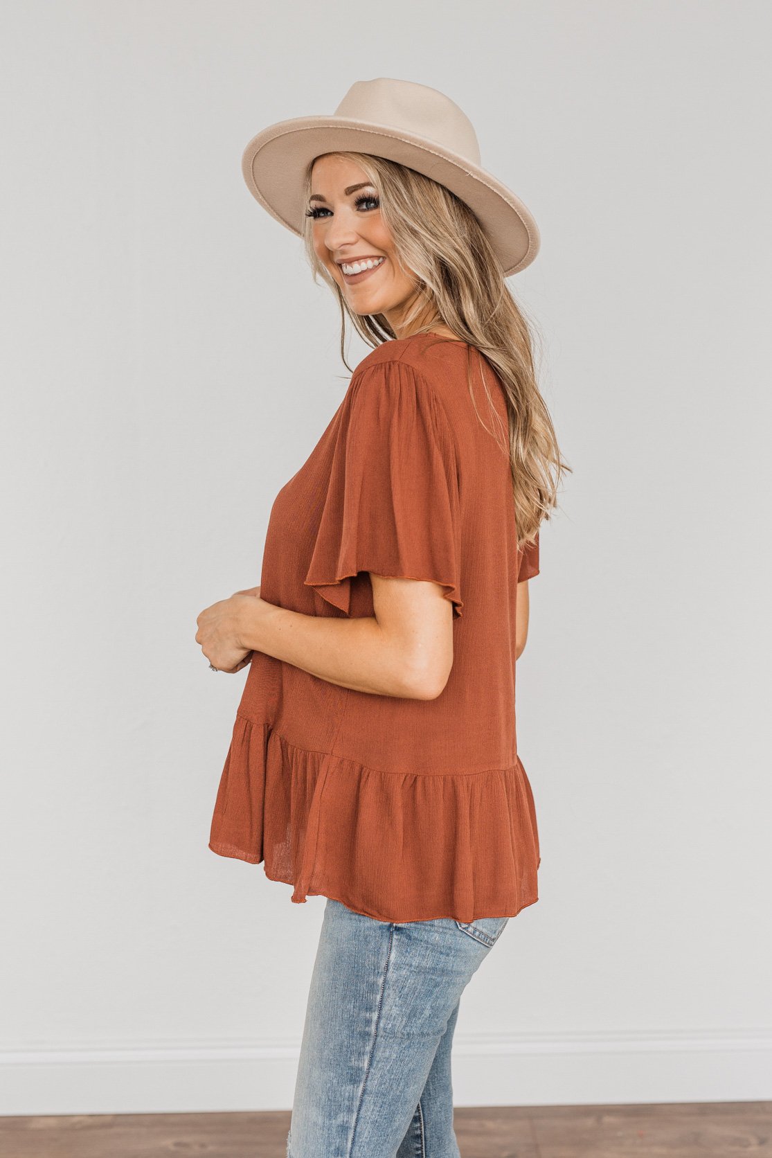 Flawless Fall Flair V-Neck Ruffle Top- Rust – The Pulse Boutique