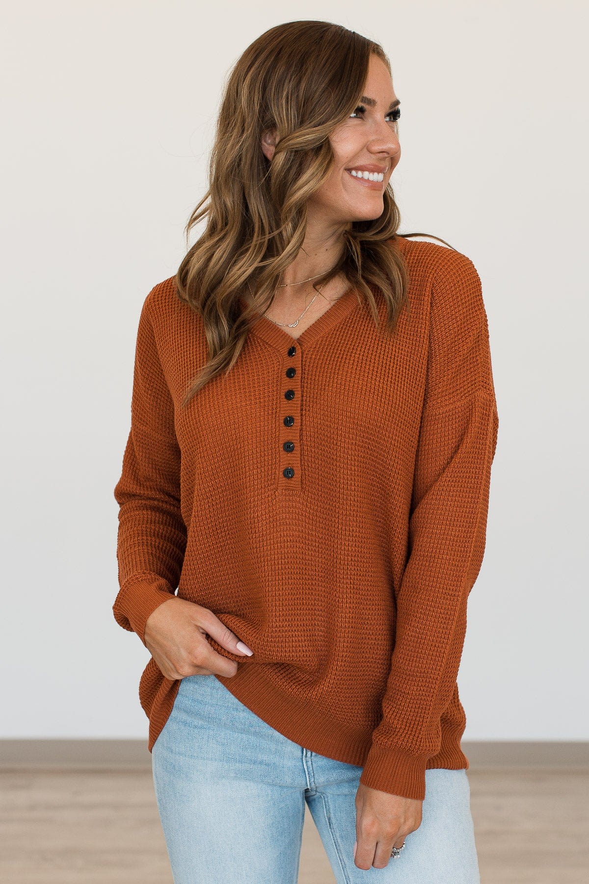 Enticing Looks Button Sweater- Rust – The Pulse Boutique