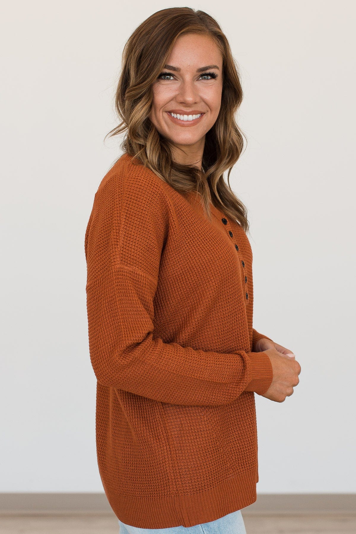 Enticing Looks Button Sweater- Rust – The Pulse Boutique