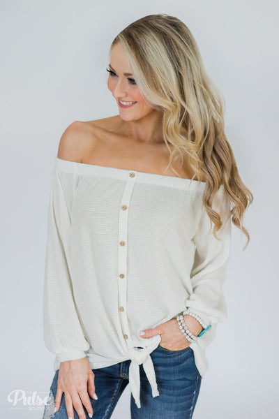 Thermal Off the Shoulder Button Top- Ivory – The Pulse Boutique