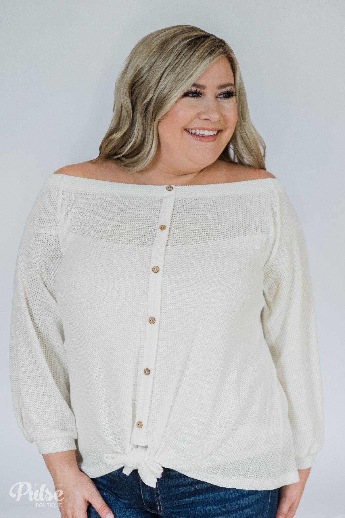 Thermal Off the Shoulder Button Top- Ivory – The Pulse Boutique