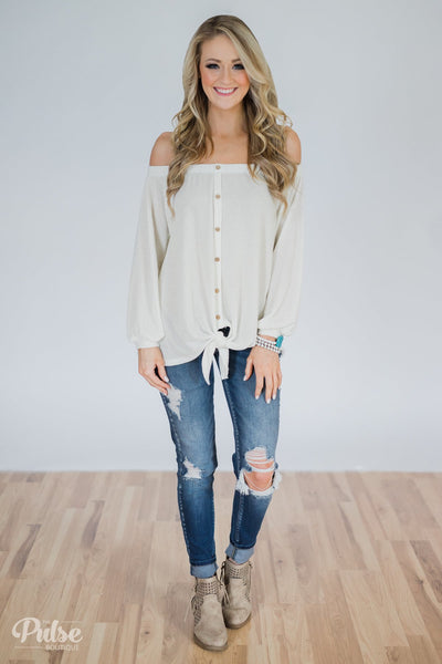 Thermal Off the Shoulder Button Top- Ivory – The Pulse Boutique