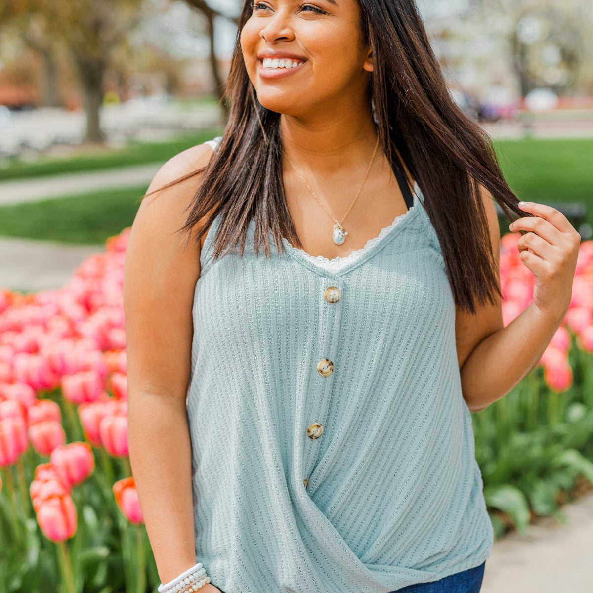 Beyond Charmed Wrap Tank Top- Dusty Sage – The Pulse Boutique